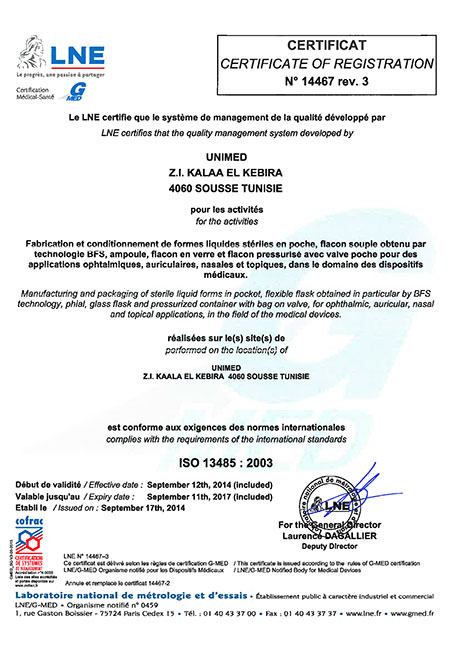 Certificat ISO 13485- 2003 Rev.3 – Les Laboratoires UNIMED