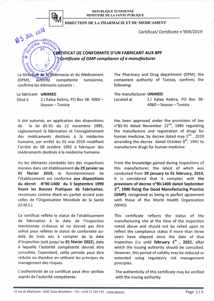 Certificat ISO 13485 : 2016 – Les Laboratoires UNIMED