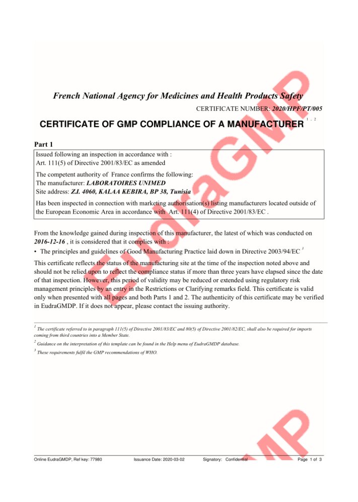 Certificat BPF (ANSM France) – Les Laboratoires UNIMED